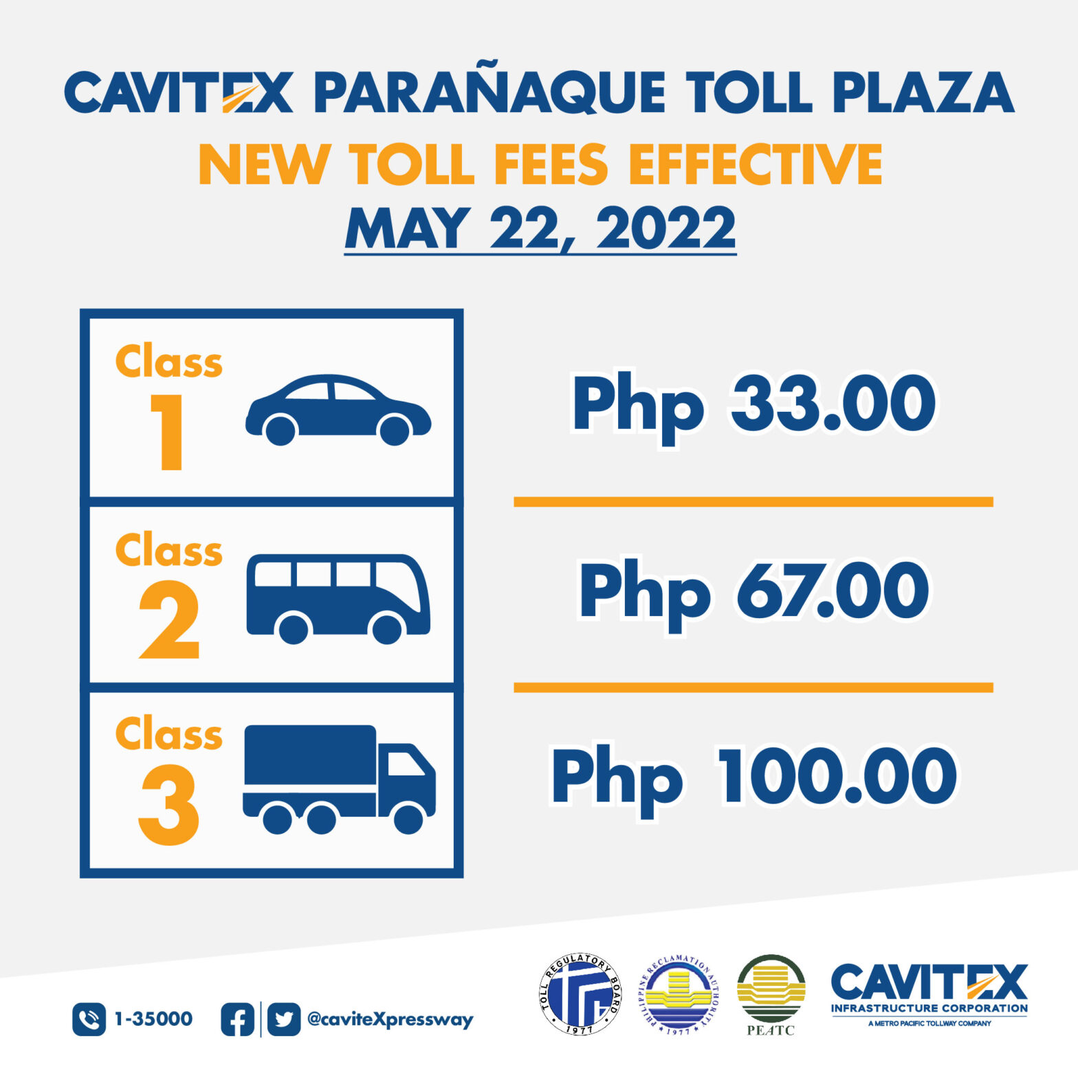 CAVITEX Toll Rate Adjustment to be Implemented on May 22 - CAVITEX